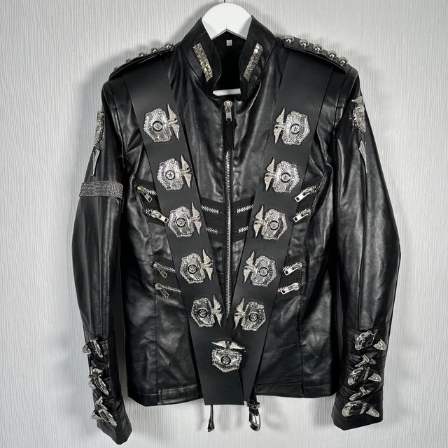 MICHAEL JACKSON BAD Tour Cosplay Faux Leather Jacket Silver Eagle ...