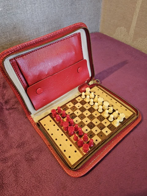 VINTAGE TRAVEL CHESS Set by Dataday in Red Leather Effect Zipped Case ...