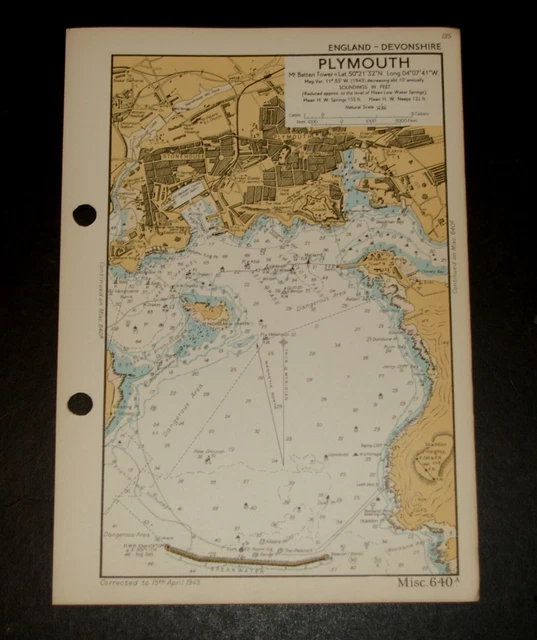 PLYMOUTH, DEVON - rare vintage WW2 Naval Nautical Map 1943 topology £4. ...