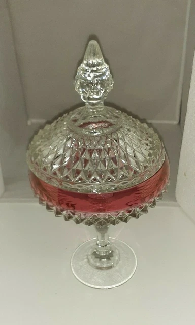 VINTAGE INDIANA GLASS Diamond Point Pedestal Candy Dish with Ruby Band ...