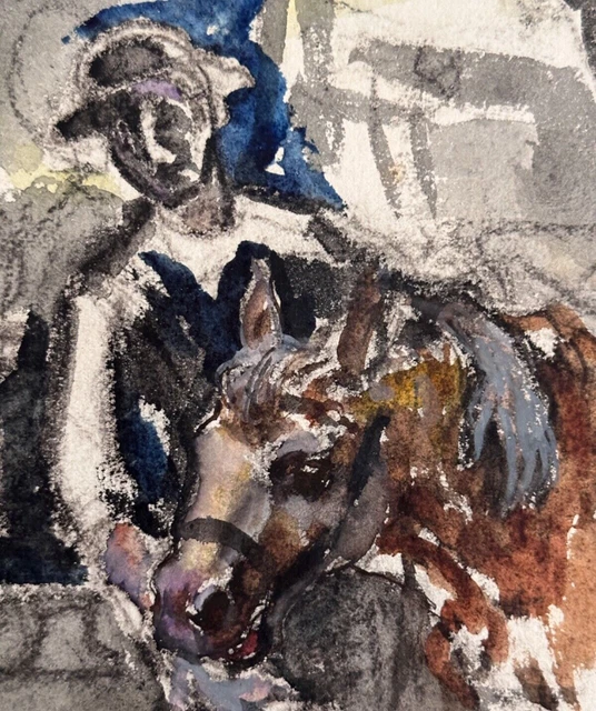 PEINTURE JEAN TERLES étude portrait homme Jockey cheval course hippique ...