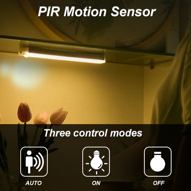 10CM RECHARGEABLE LED PIR Motion Sensor Warm Light Strip Cabinet Closet ...