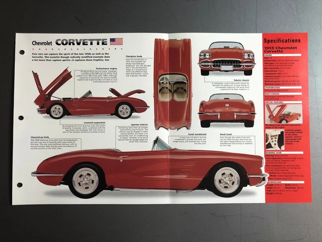 1959 CHEVROLET CORVETTE Roadster Specification Feuille, Affiche, De ...