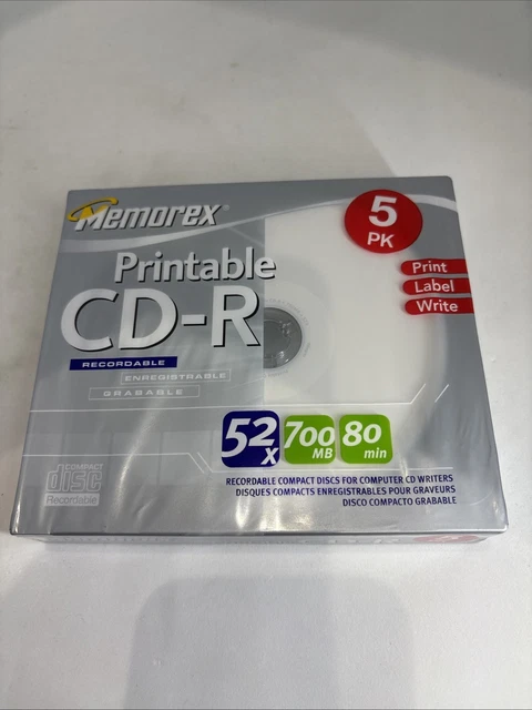 NEW MEMOREX PRINTABLE Recordable Blank CD-R, 5 Pack 52x 700MB 80 min ...