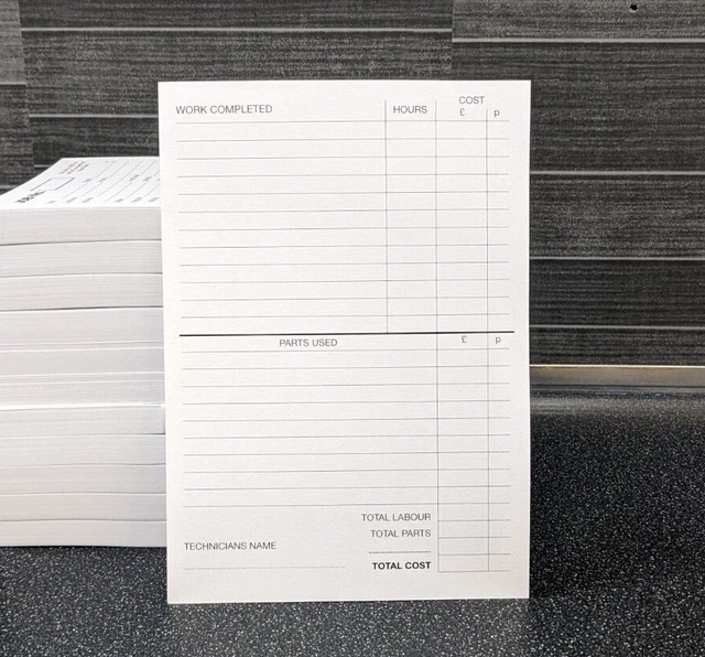 A5 GARAGE WORKSHOP Repair Job Cards - Job Sheet - Time Card - Works ...