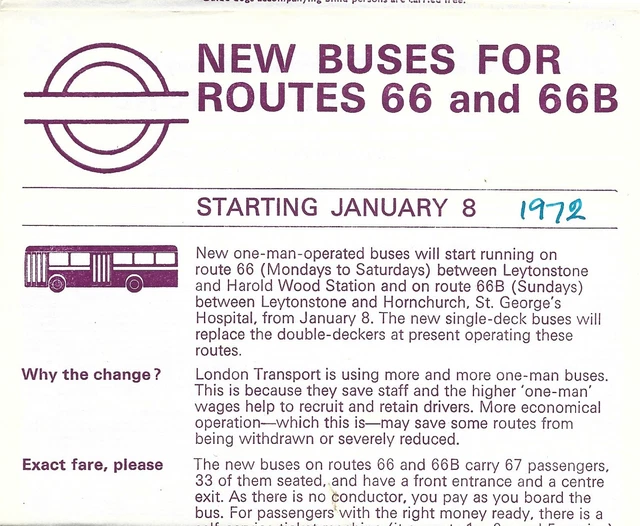 LONDON TRANSPORT Leaflet - New Buses For Routes 66 & 66B- Jan 1972 £1. ...