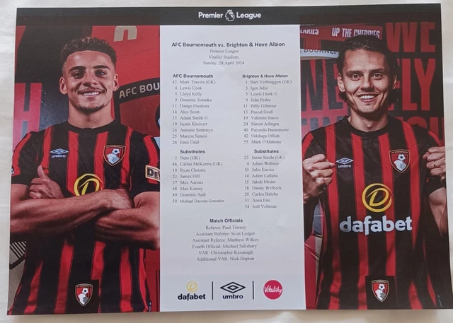 AFC BOURNEMOUTH V BRIGHTON 28 TH APRIL 2024 TEAM SHEET £7.29 - PicClick UK