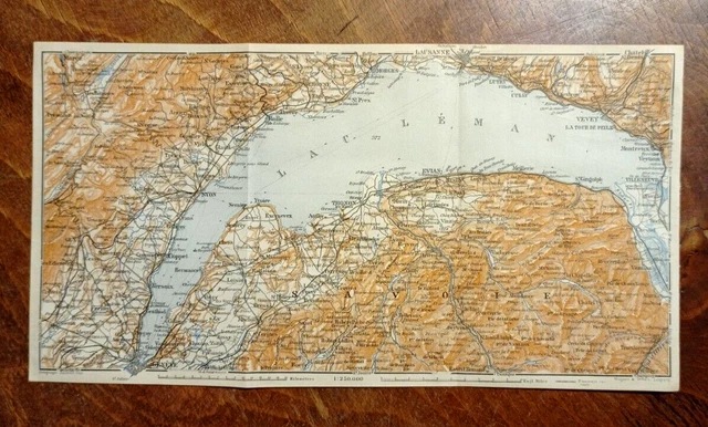 OLD MAPPA MAP ancienne carte LAC LEMAN VEVEY MORGES GENEVE EVIAN THONON ...