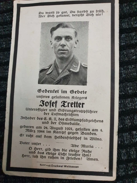 ORIGINAL GERMAN WW2 death Card Josef Tretter LUFTWAFFE Awards 4mar1944 ...