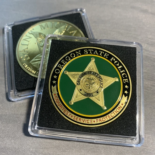 OREGON STATE POLICE ST MICHAEL POLICE Challenge Coin 40mm with Case £14 ...