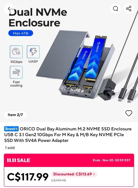 ORICO DUAL-BAY NVME Enclosure SSD Case Aluminum USB3.1 Gen2 10Gbps M.2 ...