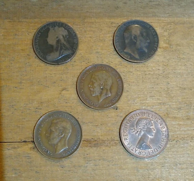 OLD BRITISH MONARCHS Collection Coin Set, Pre- Decimal British Pennies ...