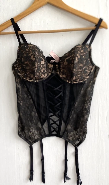 Victorias Secret Black Lace And Satin Bustier Corset And Garters Lingerie
