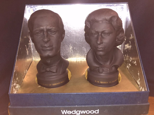 WEDGWOOD QUEEN ELIZABETH & Duke Of Edinburgh Black Basalt Busts-Silver ...