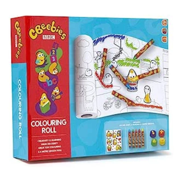 CBEEBIES 2.4M COLOURING Roll Set with Markers Stickers, Crayons & Paper ...