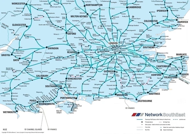 SOUTH EAST ENGLAND TRAIN MAP (NETWORK SOUTHEAST ROUTES) 2024 - Print ...