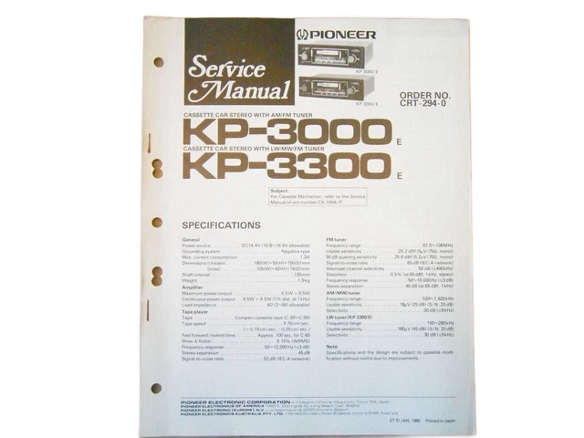 PIONEER KP-3000 KP-3300 CASSETTE CAR STEREO Service Manual Original ...