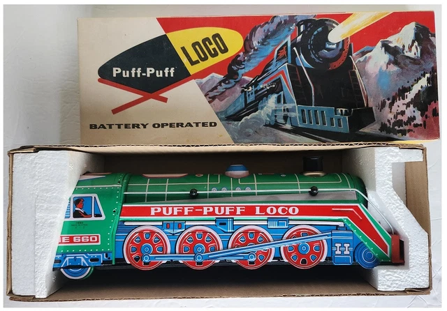 PUFF-PUFF LOCO; BATTERY-OPERATED Tin Train Locomotive ME 660; M in VG+ ...