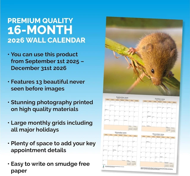 BRITISH WILDLIFE CALENDAR 2026, Large Square Wall Calendar, 16 Month ...