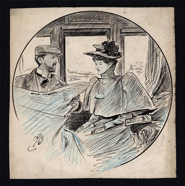 ALFRED BRYAN (1852-1899) Small Pen & Ink Drawing FEMALE WITH GENTLEMAN ...