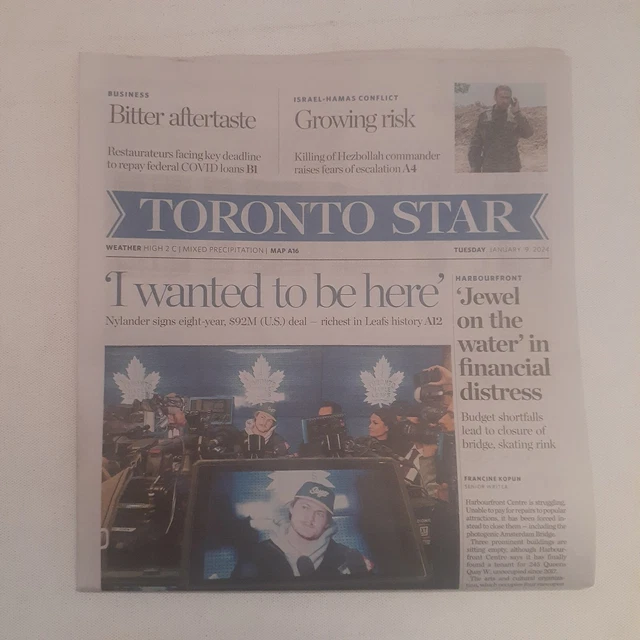 JAN 9 2024 Toronto Star William Nylander Hockey Hezbollah Harbourfront ...