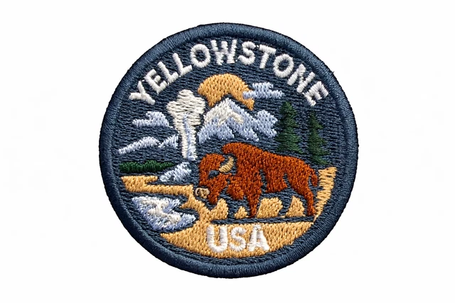YELLOWSTONE NATIONAL PARK Embroidered Patch Bison Geyser Round 6cm Iron ...