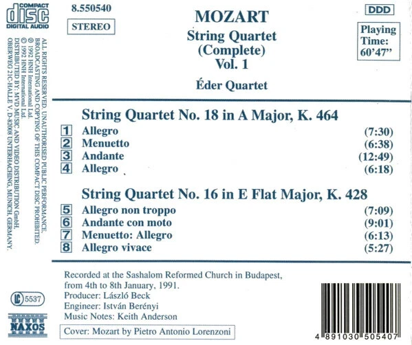 WOLFGANG AMADEUS MOZART, Éder Quartet - String Quartets (Complete) Vol. 1 K. ... EUR 19,22 ...