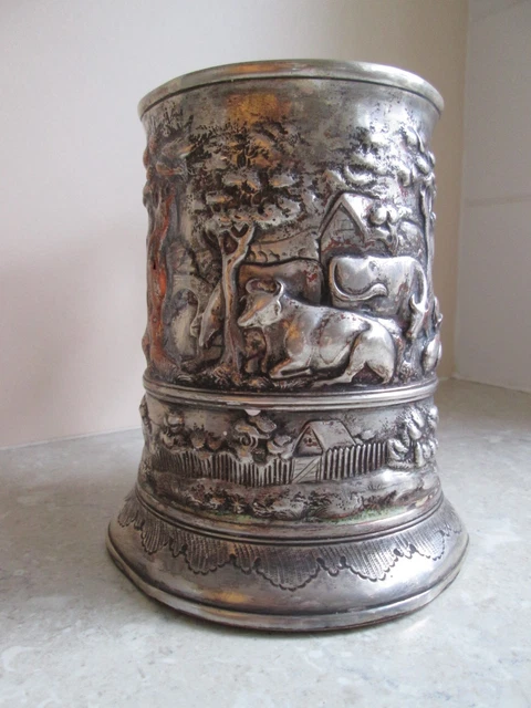 ANTIQUE LARGE SILVER Plated Tankard - Chinese Export? - Cattle / Farm C ...