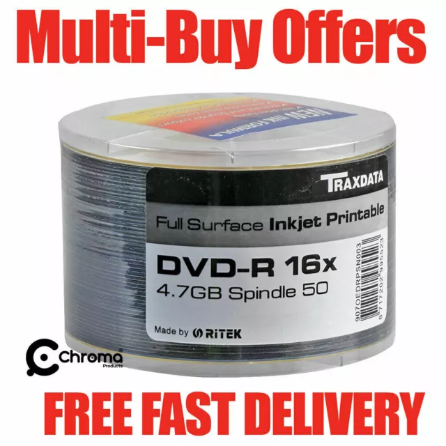 50 TRAXDATA FULL Face White Printable Blank DVD-R 16x DVD Discs 4.7GB 120 RITEK £13.55 - PicClick UK