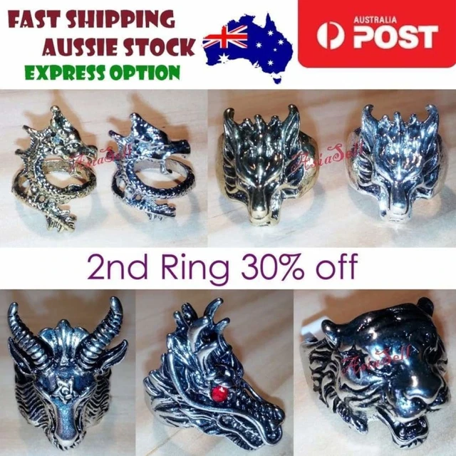 MEN'S RING DRAGON Goat Tiger Wolf Head Ring Devil Rings Black Silver ...