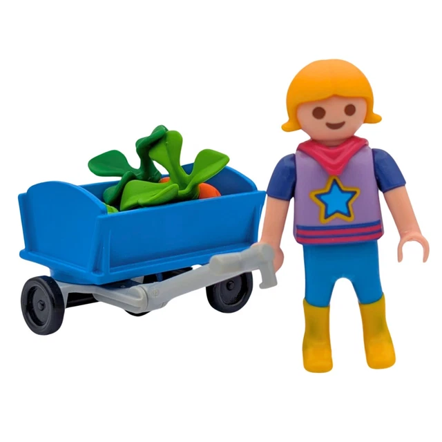 PLAYMOBIL FIGURINE FILLE violette chariot radis plantes ferme écurie ...