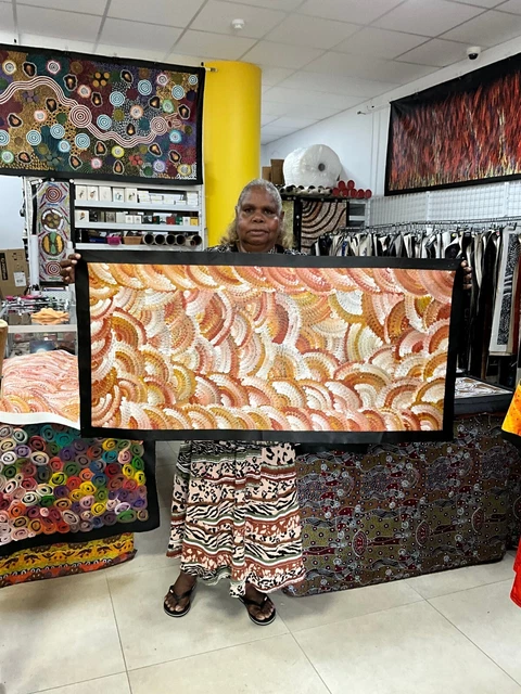 SHARON BUTCHER ABORIGINAL Artist Painting PEOPLE SAND DUNE BUSH TUCKER ...
