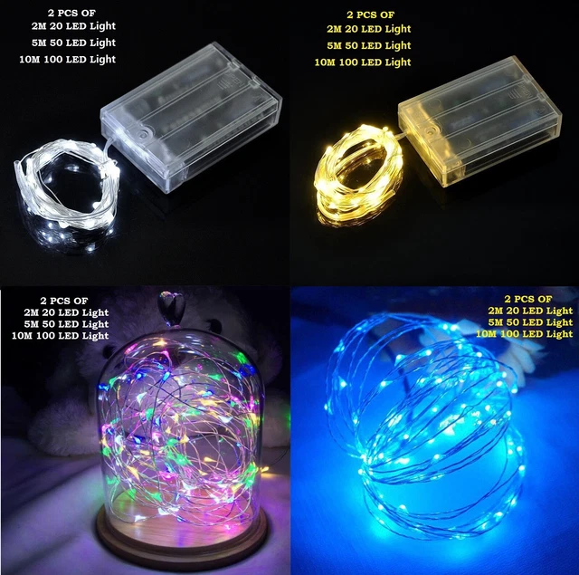 2 SETS 20-100 LED String Fairy Lights Copper Wire Battery Powered ...