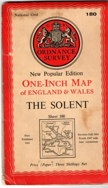 OLD VINTAGE 1945 OS Ordnance Survey One-Inch Map 180 - The Solent ...
