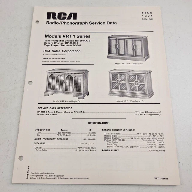 RCA RADIO PHONOGRAPH Service Data Model VRT 1 Series File 1971 No 69 ...