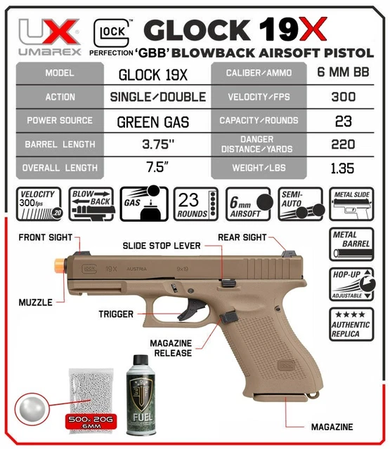 UMAREX GLOCK 19X Airsoft Pistol, Gas Blowback, Green Gas & BB Bundle ...