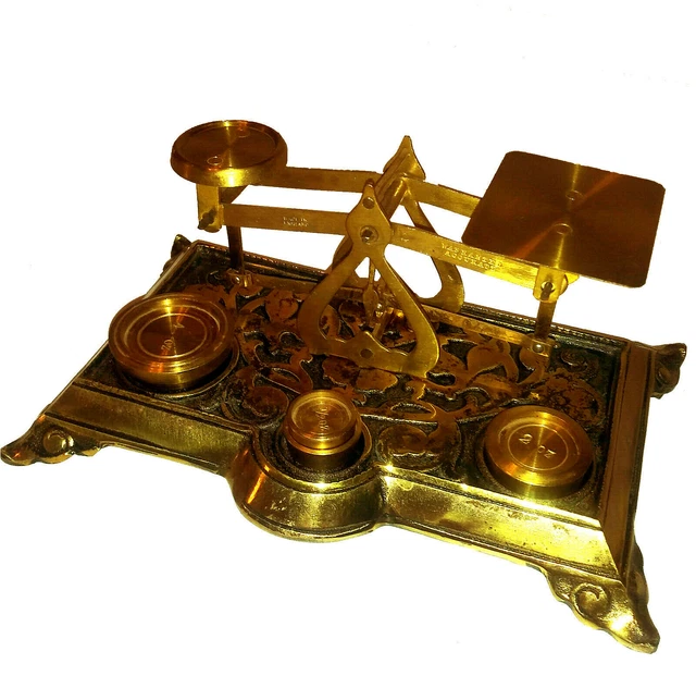 BRASS EQUAL ARM Postal Letter Scale Art Base 4, 2, 1, 1/2OZ Wts Early ...