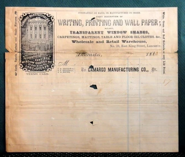 1860 ANTIQUE CAMARGO MFG CO. WRITING,PRINTING,WALLPAPER+ RECEIPT ...