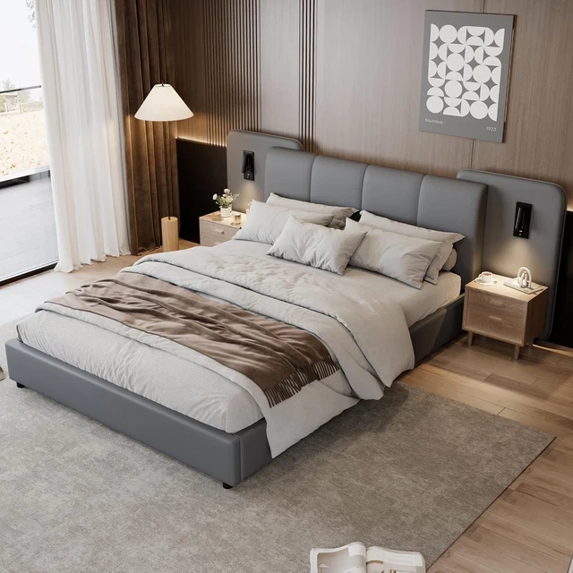 DOUBLE BED FRAME 4ft6 Upholstered LED Lighting USB Charging Headboard £ ...