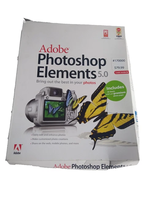 PHOTOSHOP ELEMENTS 5.0 Windows PC with key code, box, disc, manual. $19 ...