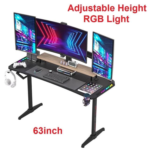 EXTRA LARGE RGB Computer Gaming Desk T Shape Ergonomic Laptop Standing ...