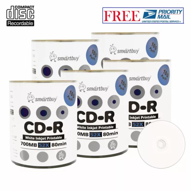 500 PACK SMARTBUY CD-R 52X 700MB White Inkjet Printable Blank Disc ...