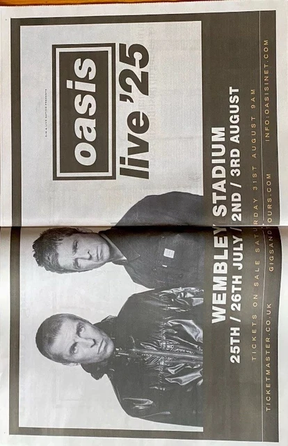 OASIS LIVE REUNION Tour Dates Ad 2025 News Advert Poster Doub Page 14x ...