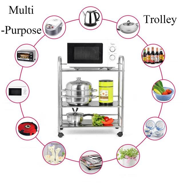 3-TIER STAINLESS STEEL KITCHEN Trolley Cart Microwave Oven Rack Utility ...