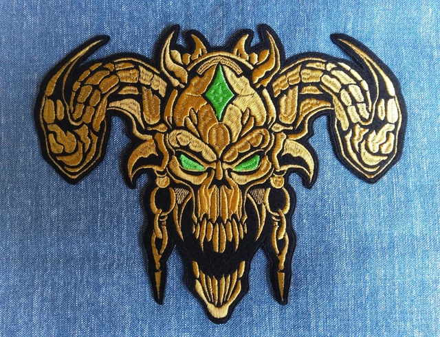 LARGE GOLD HORNED Devil Back Patch Satan demon skull evil grin green ...
