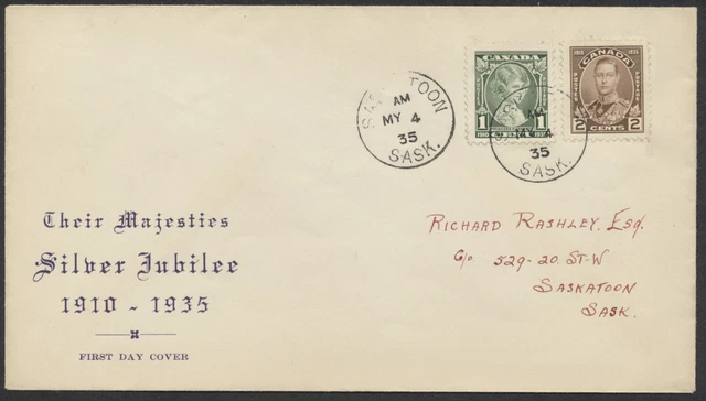 1935 #211-212 1C + 2c GeoV Silver Jubilee FDC, Text Cachet, Saskatoon ...