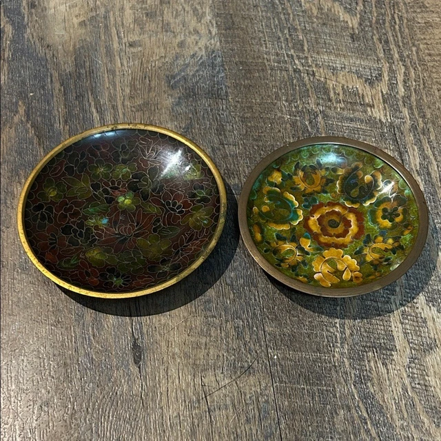 2 CHINESE BRASS cloisonné plate in green, blue & brown floral pattern 4 ...