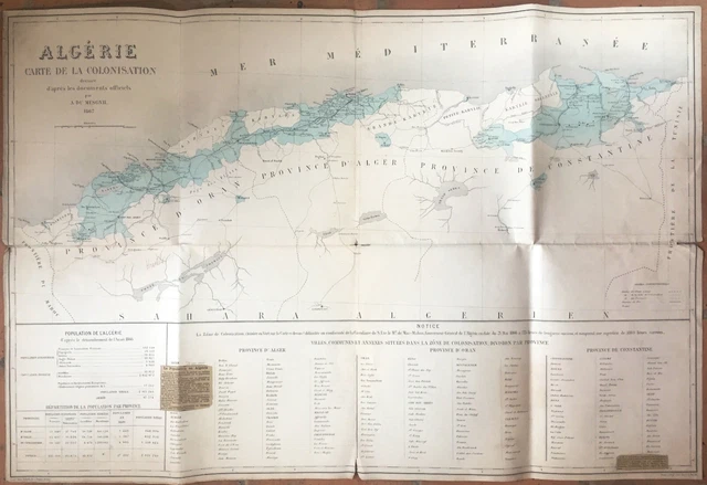 ANCIENT MAP OF THE COLONIZATION OF ALGERIA A DU MESGNIL 19th century ...