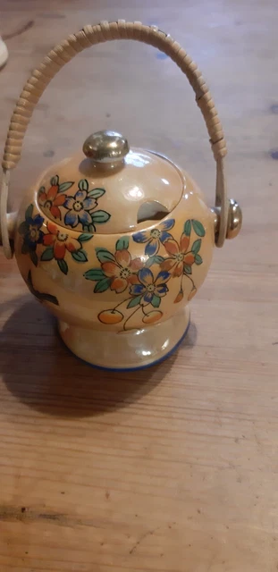 VINTAGE JAPANESE LUSTRE Ware Hand Painted Bamboo Handle Mustard /Sauce ...