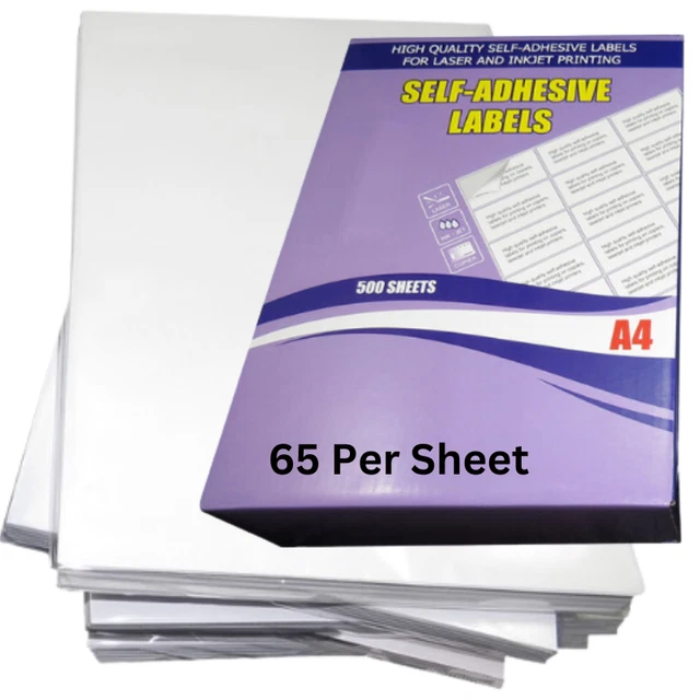 65 PRINTER LABELS PER A4 SHEET 38mm x 21mm STICKY SELF-ADHESIVE ADDRESS ...